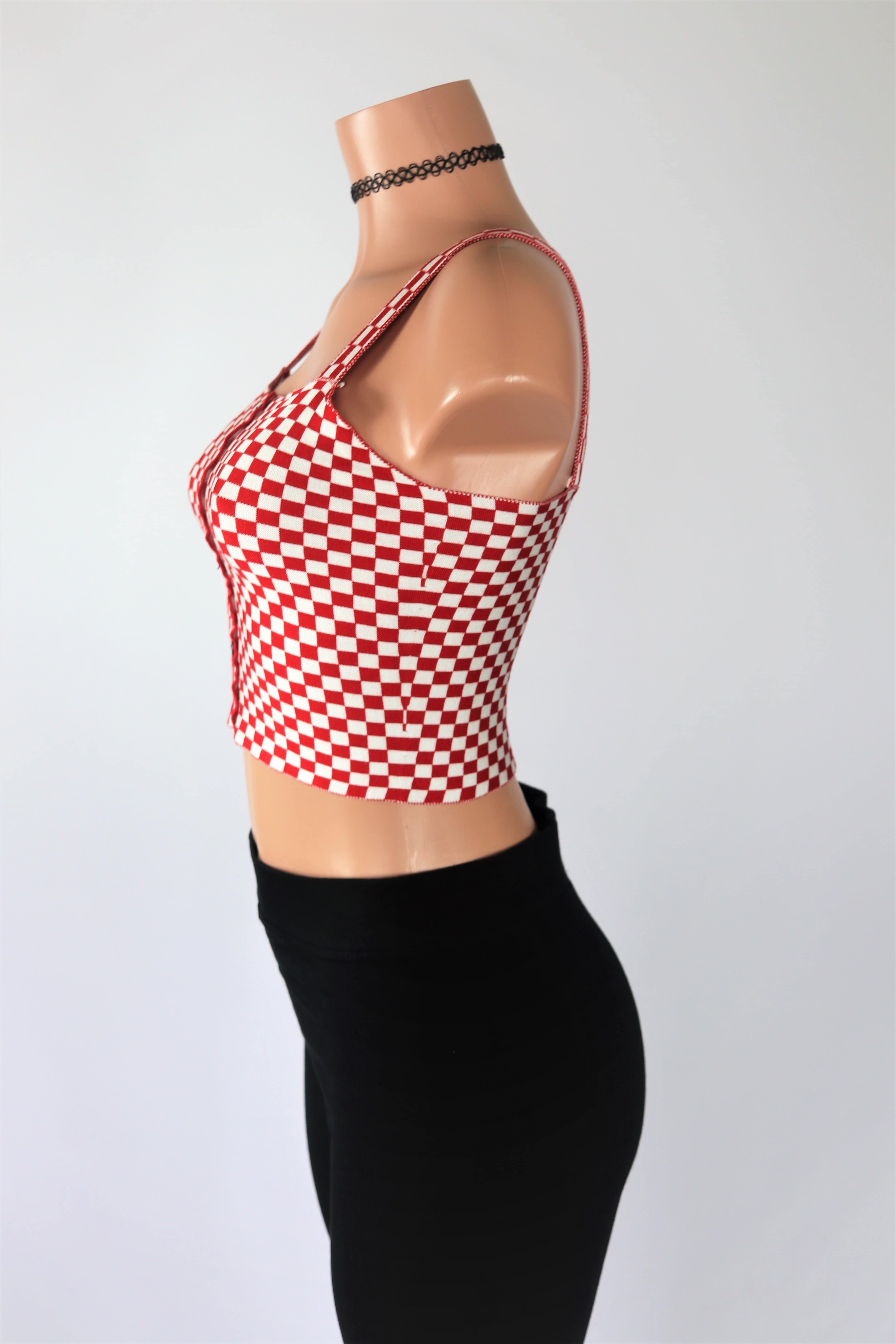 Checker Tank - Checkered print plaid fake button tank top crop top.