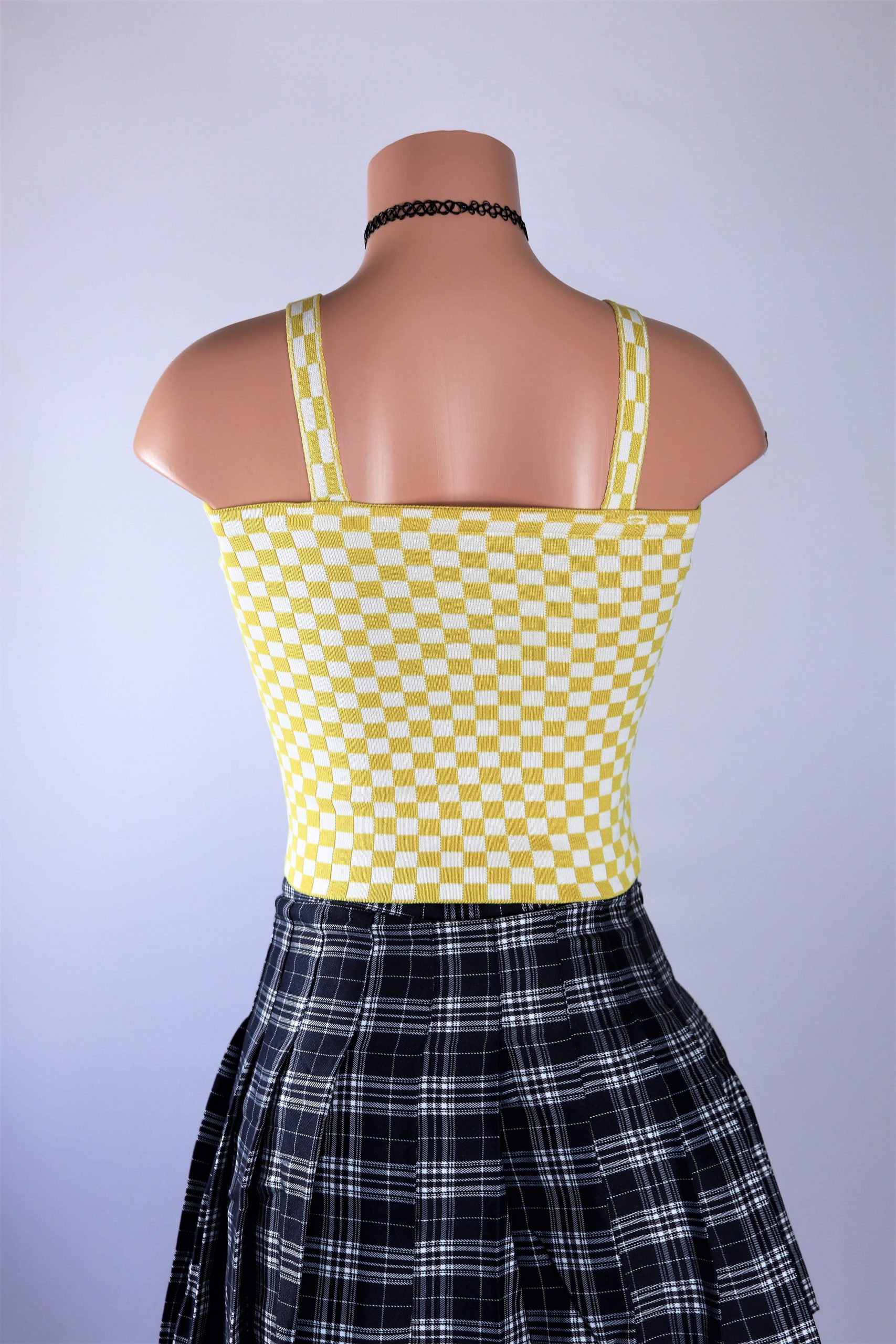 Checker Tank - Checkered print plaid fake button tank top crop top.