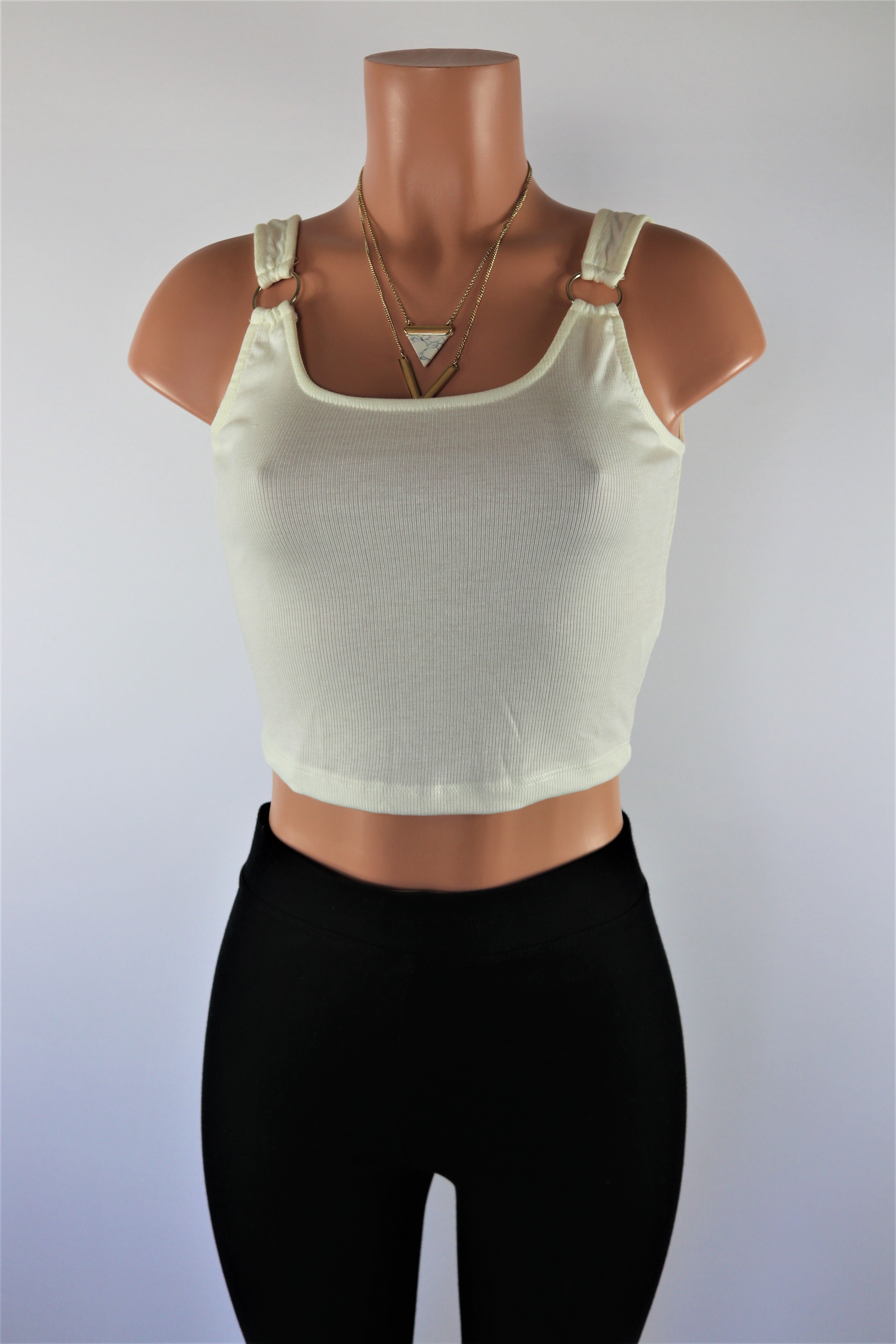 Keep me in the Loop - Ribbed white and gray loop shoulder crop top.