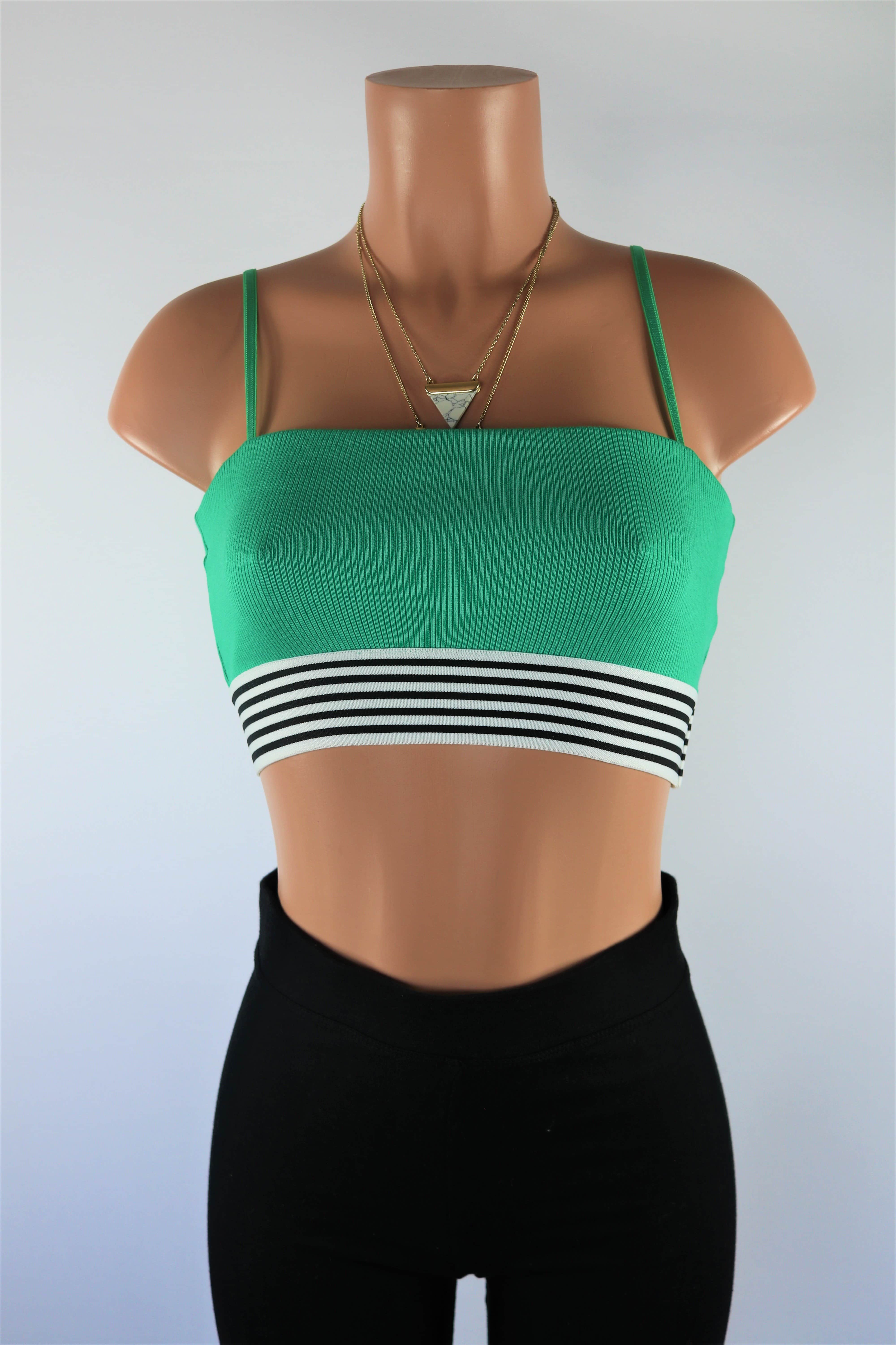 Cali Girl - Green black and white striped ribbed fitted crop top.