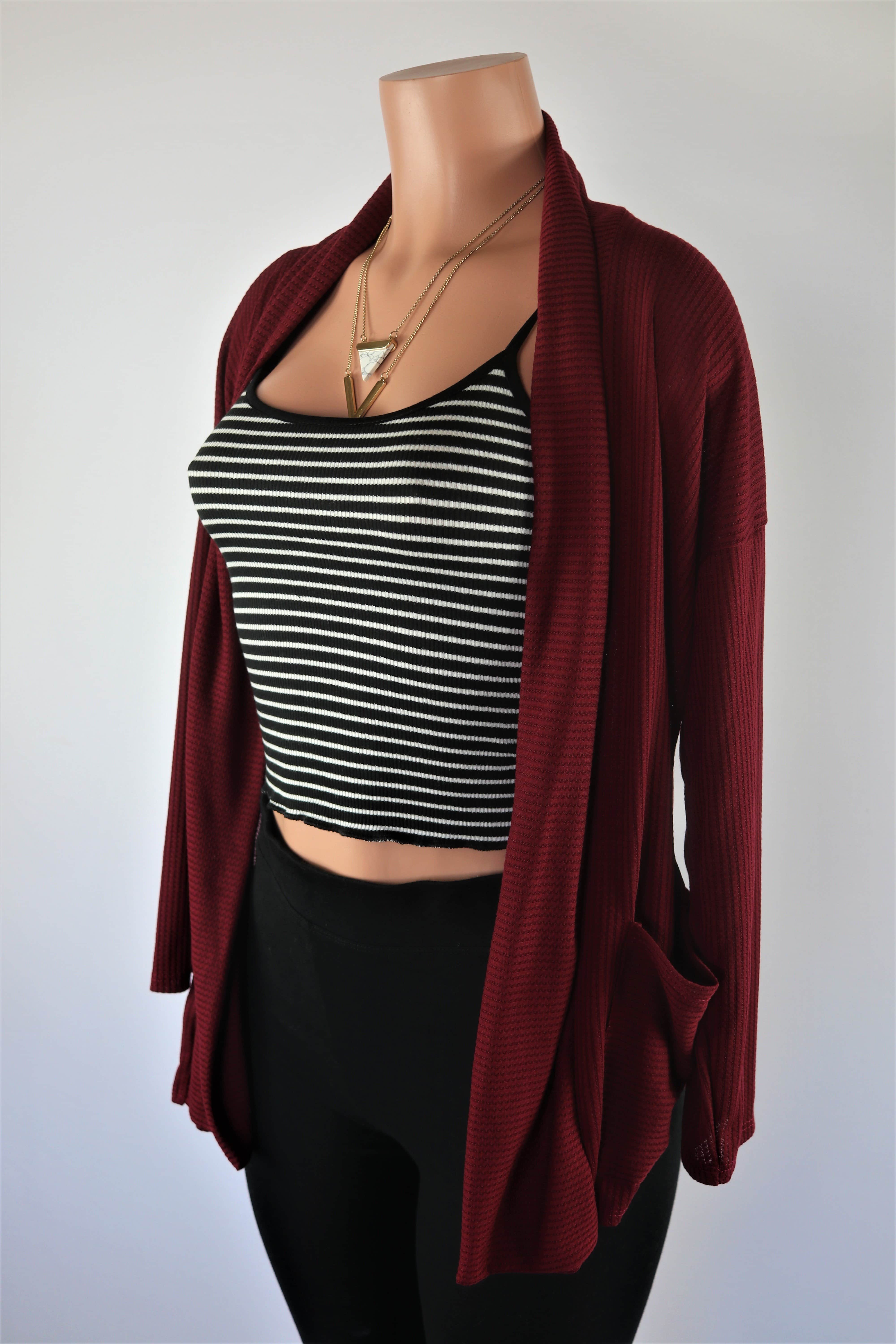 Blame the Wine Cardigan - Long sleeve Wine red cozy cardigan.