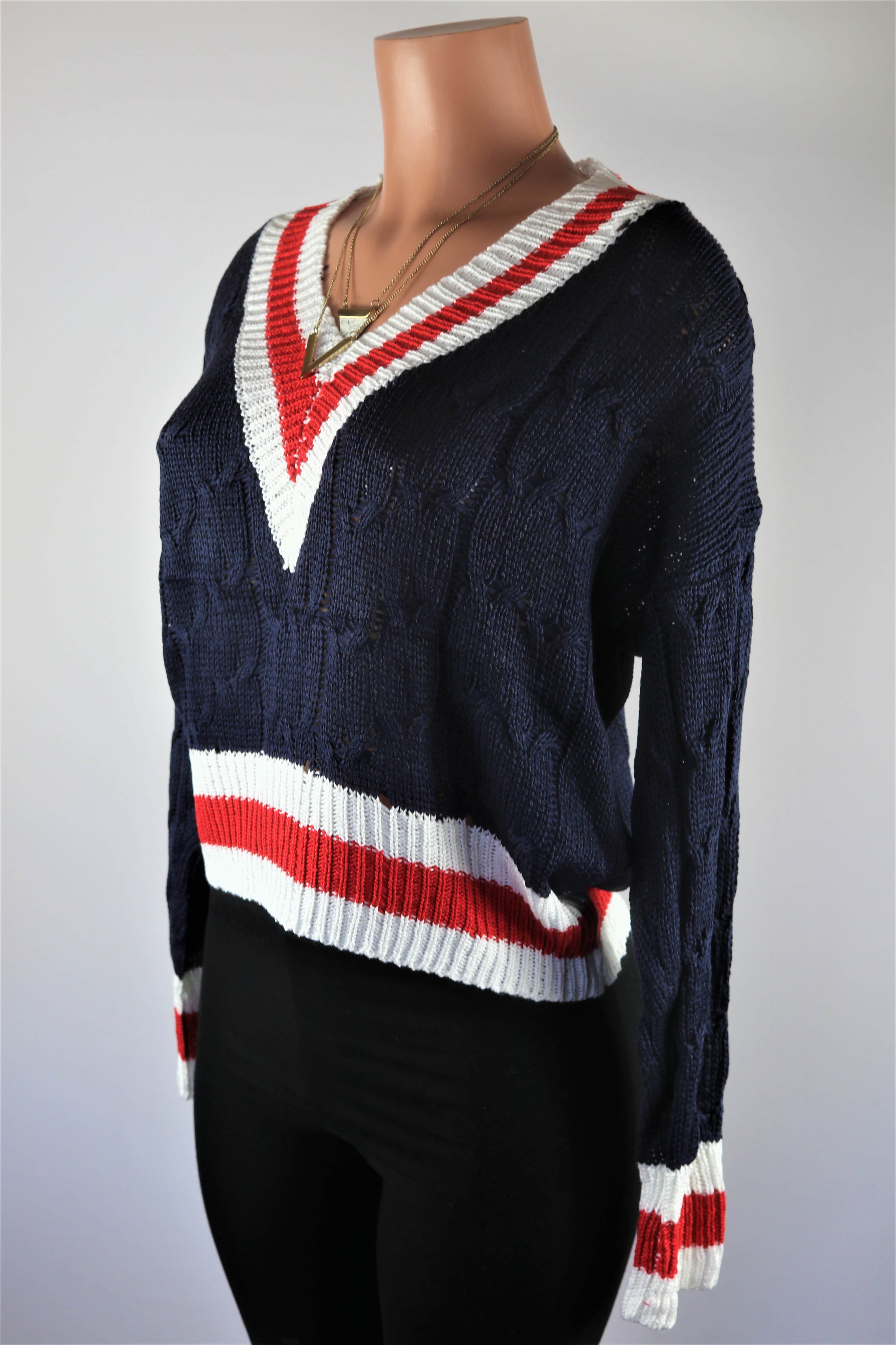 America Sweater - Blue Red White striped long sleeve knitted sweater top.