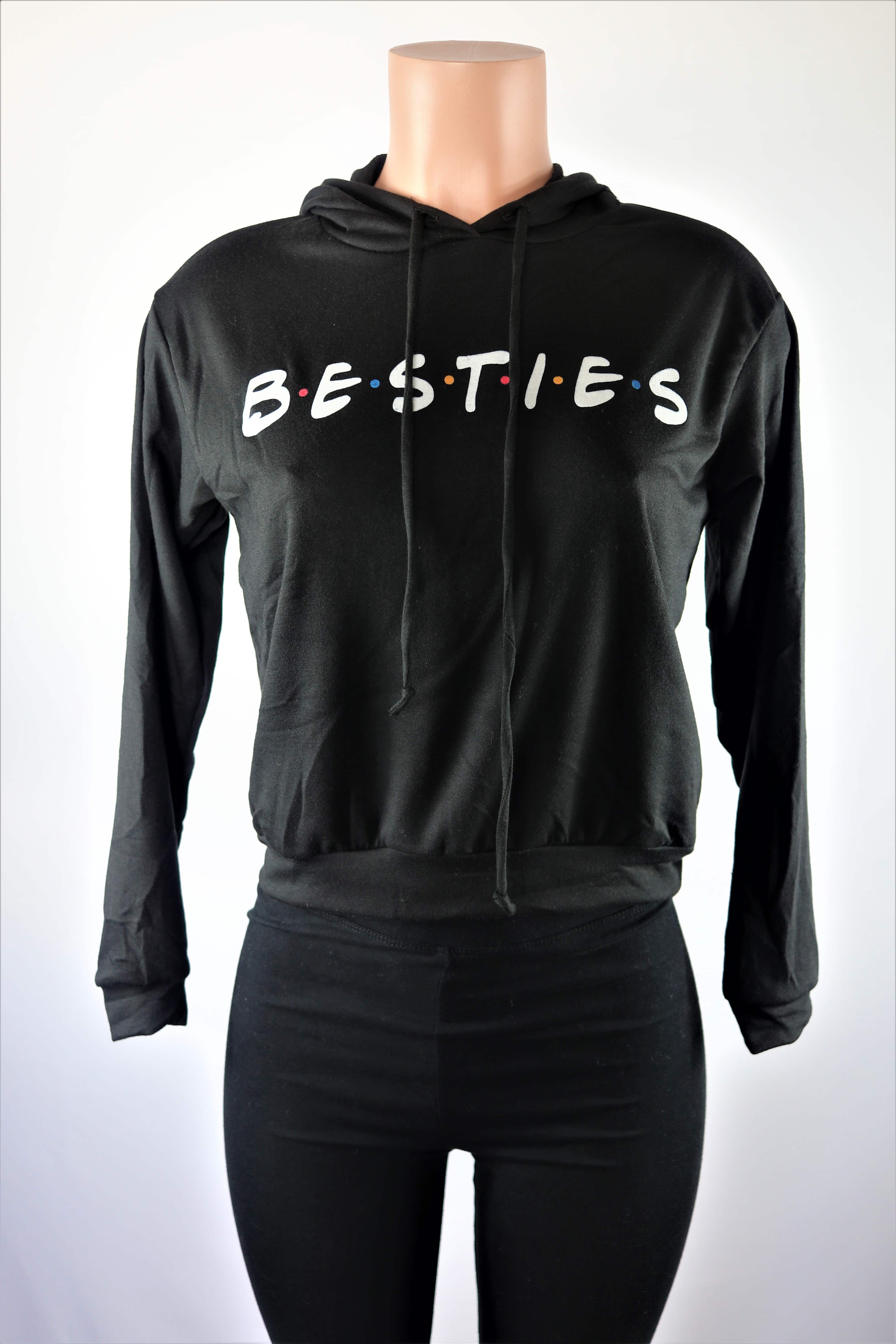 Besties - Lightweight besties friends print hooded black sweatshirt.