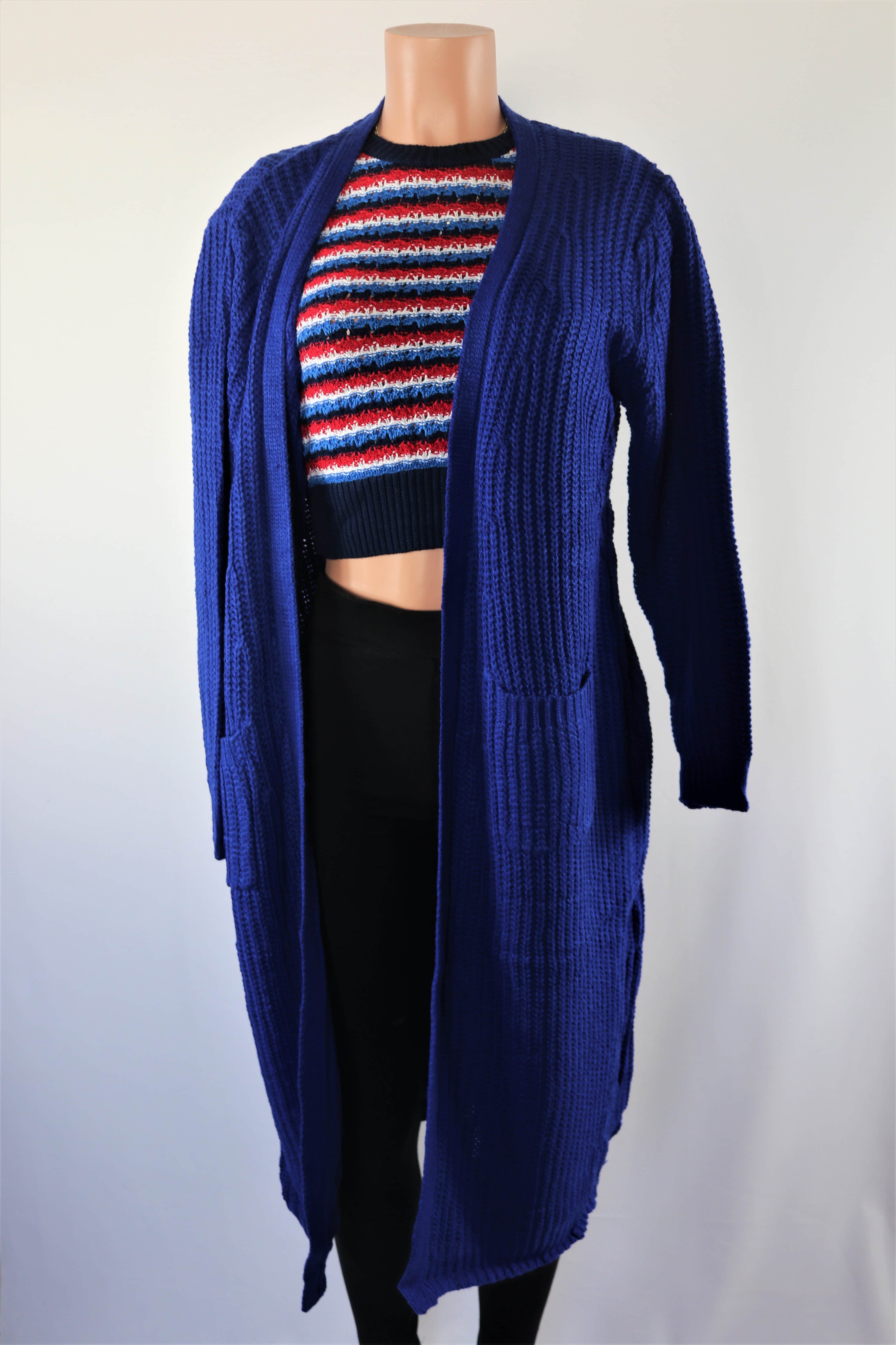 Blue Duster - Blue long sleeve knitted cardigan duster with pocket detail.
