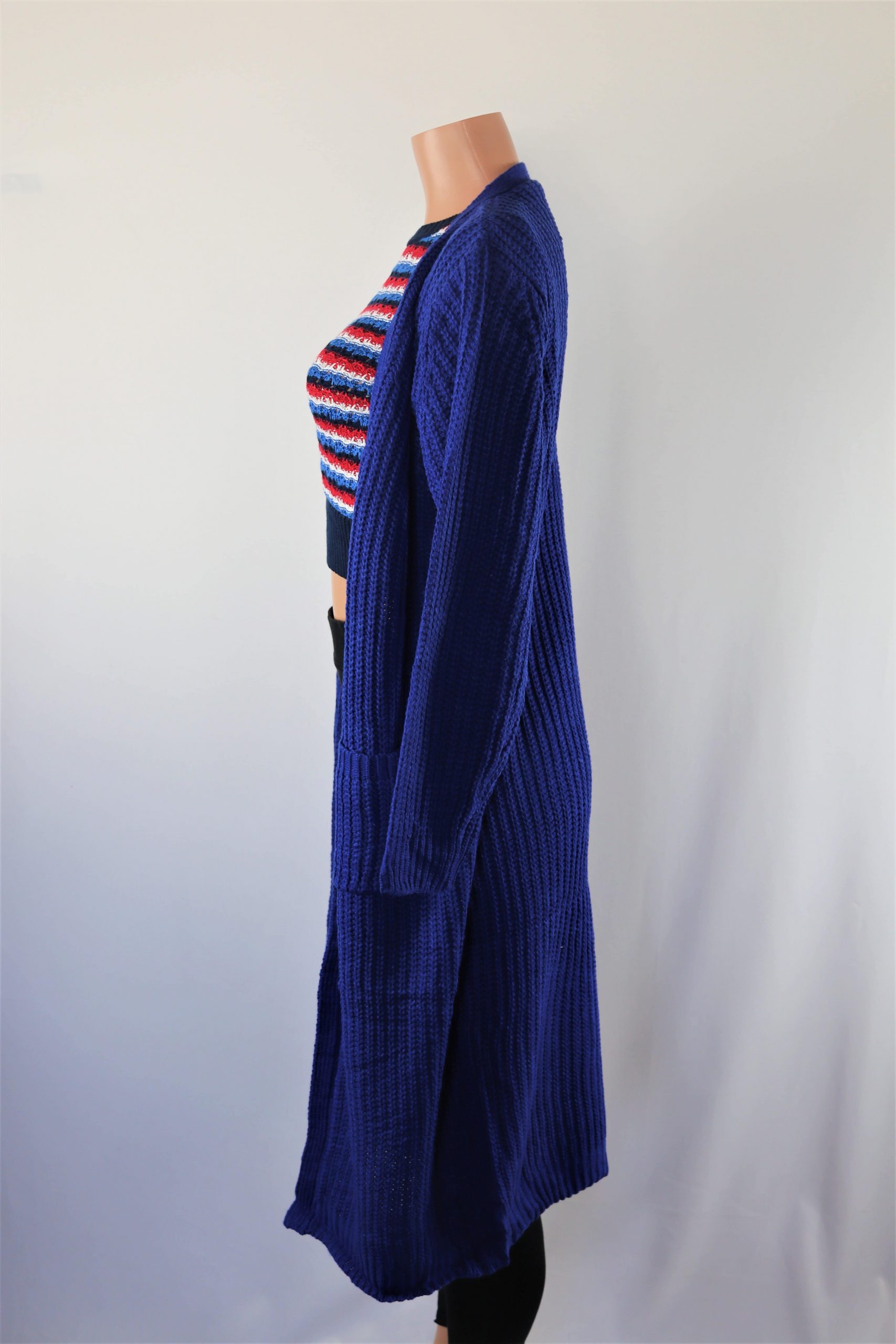 Blue Duster - Blue long sleeve knitted cardigan duster with pocket detail.