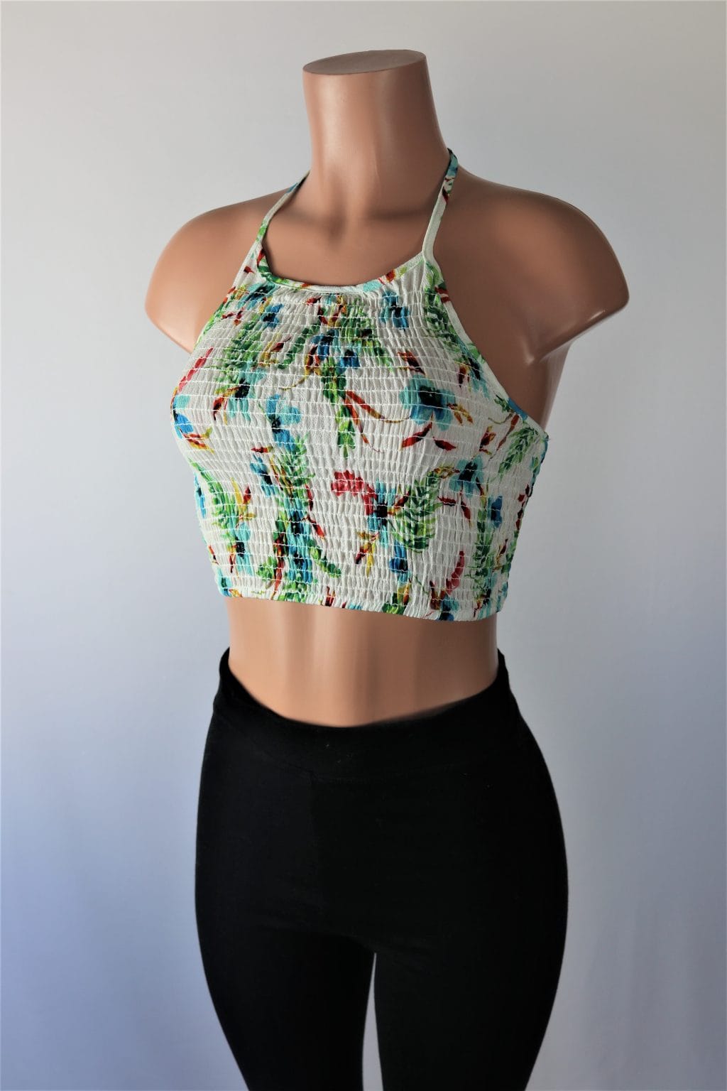 Floral Halter Top - Ivory smocked floral tied halter crop top.