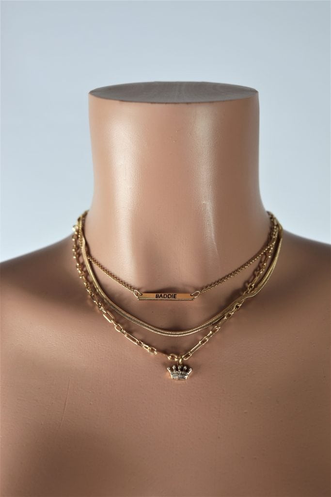 Queen Baddie Necklace - 3 layer gold metallic plated necklaces with crown