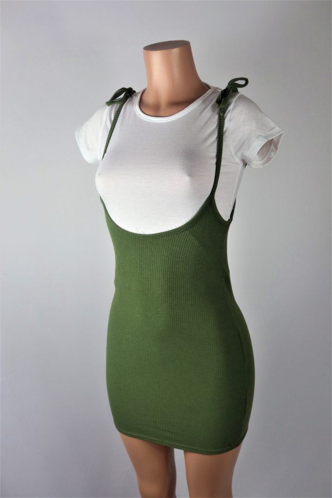 Tied to Me Suspender Dress - Green burgundy ribbed mini skirt dress.