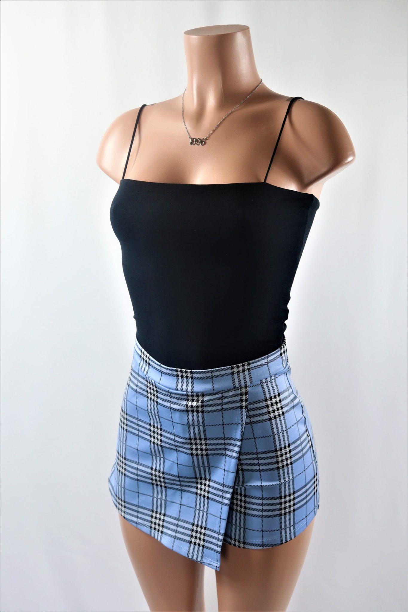 Hannah Plaid Skort - High rise plaid asymmetrical skort in Black Pink Blue.