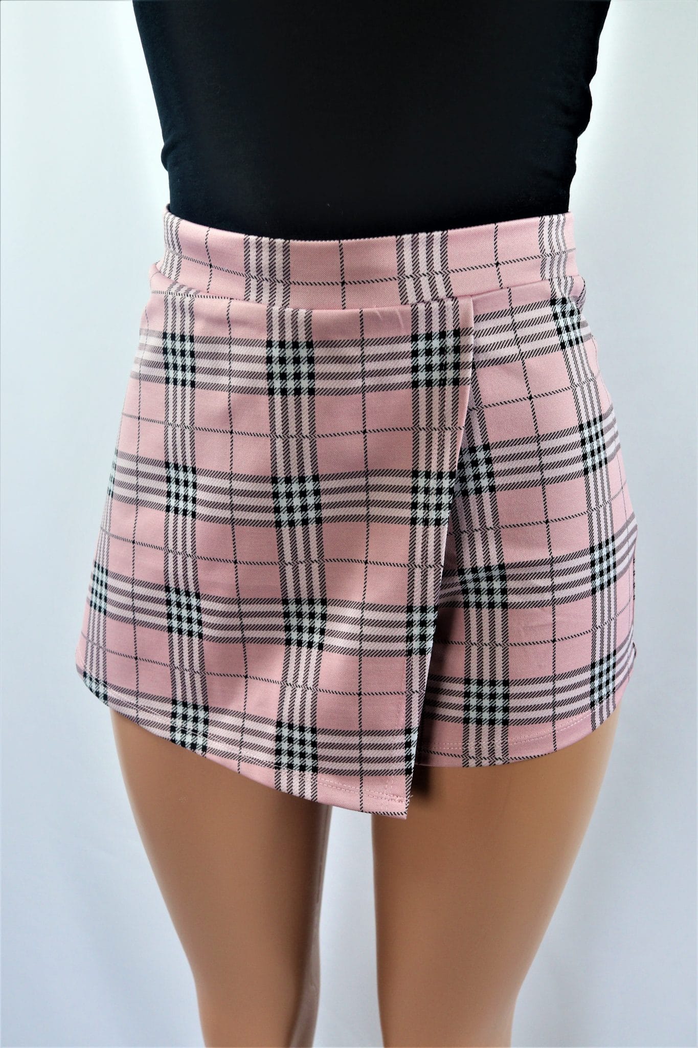 Hannah Plaid Skort - High rise plaid asymmetrical skort in Black Pink Blue.