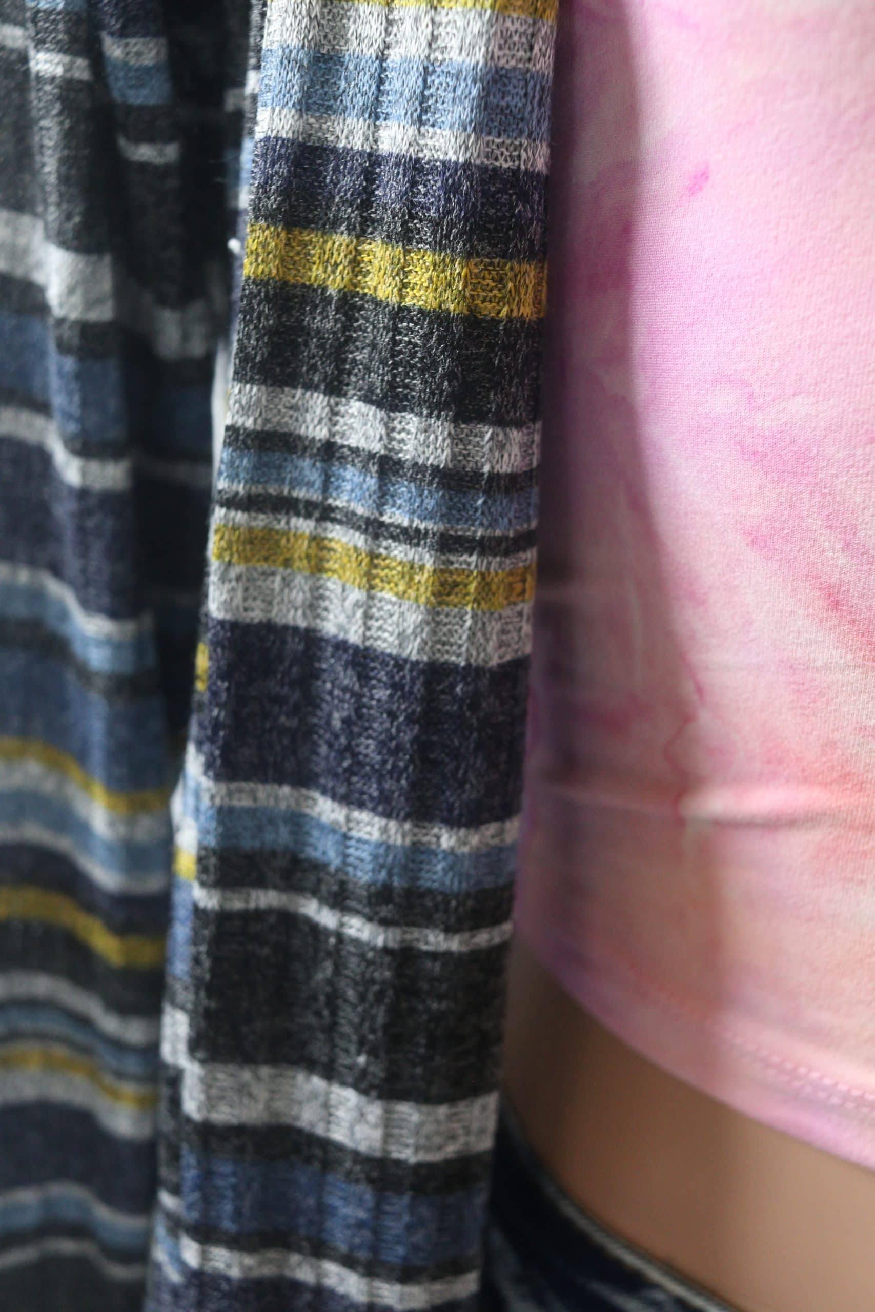 Multi Stripe Duster - Long sleeve multi color striped duster in red blue.