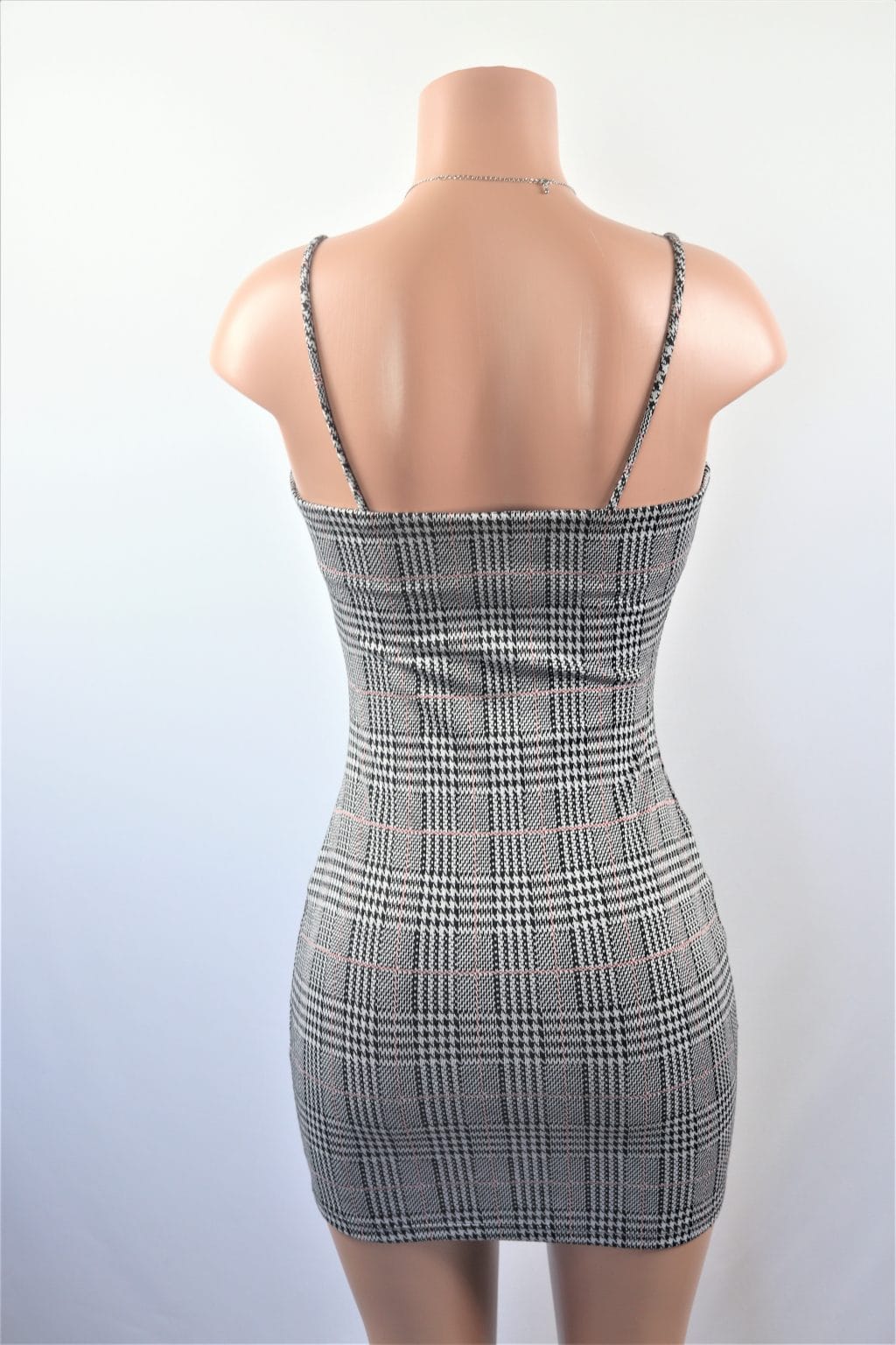 Black Houndstooth Dress - Square neck plaid mini dress.