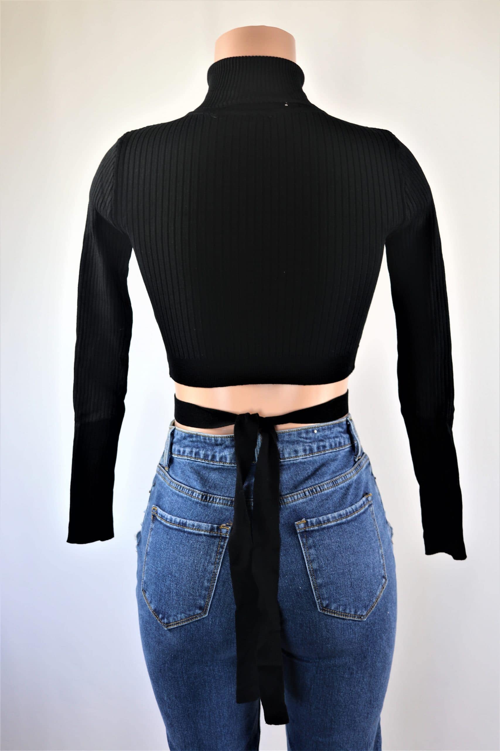 Veronica Tied Top - Turtleneck long sleeve ribbed tied wrap crop top