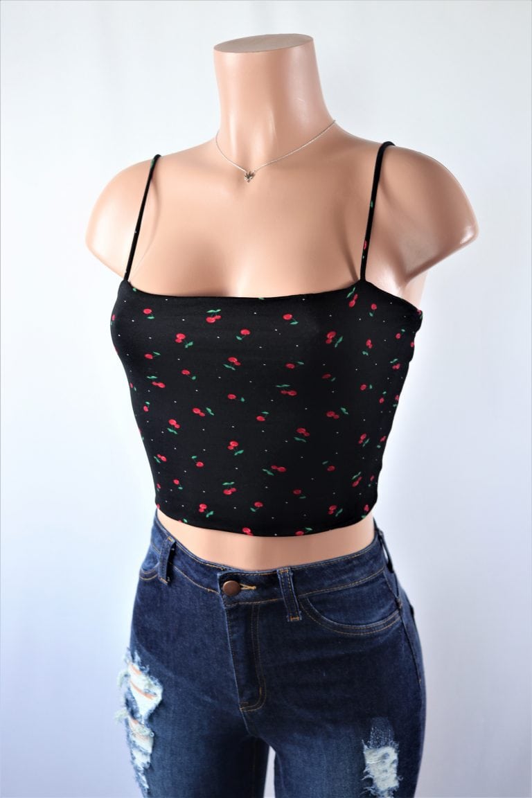 Cherry Crop Top - Square neck crop top with cherry detail in black white.