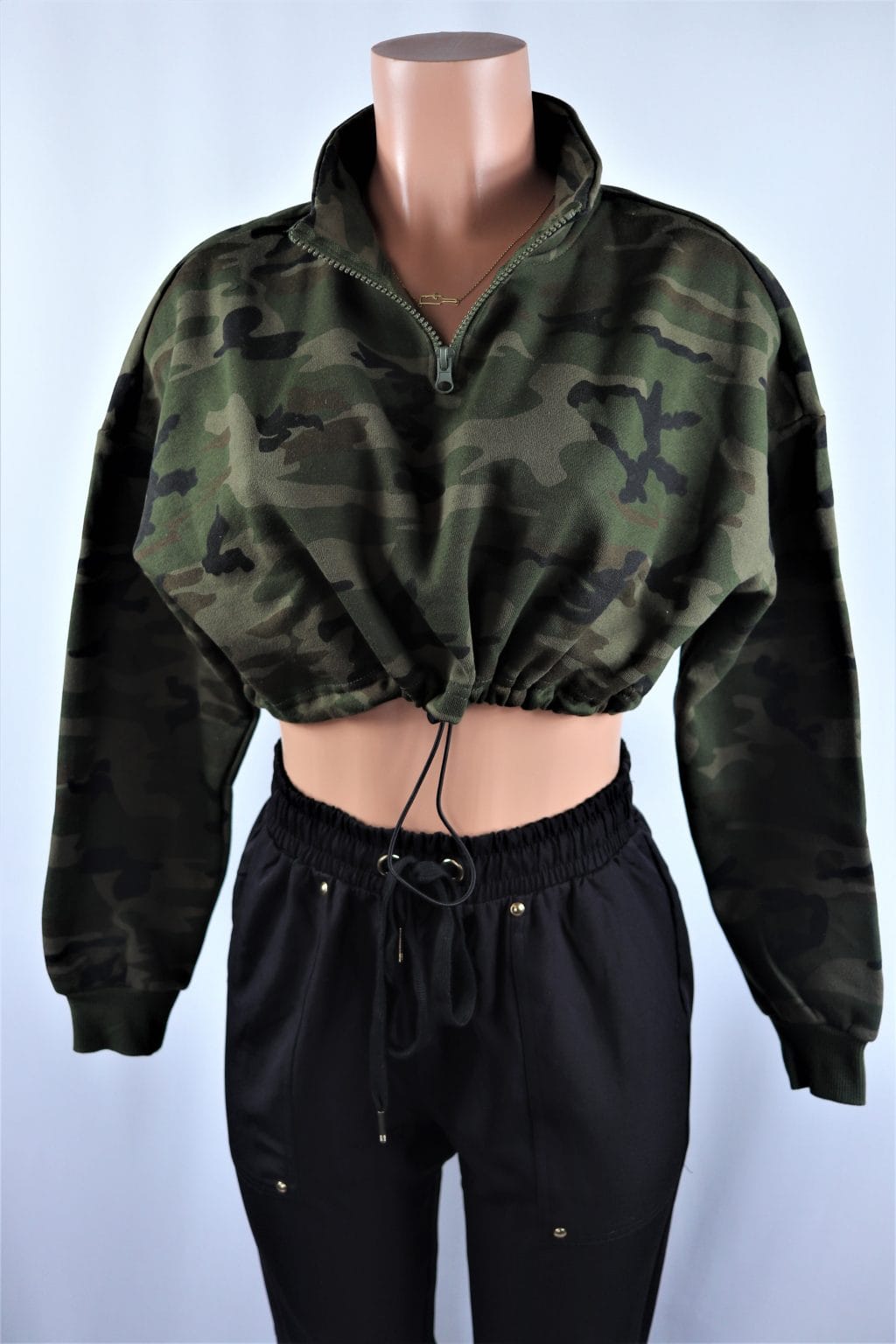 Camo Drawstring Crop Top - Zipper high neck camouflage crop top.