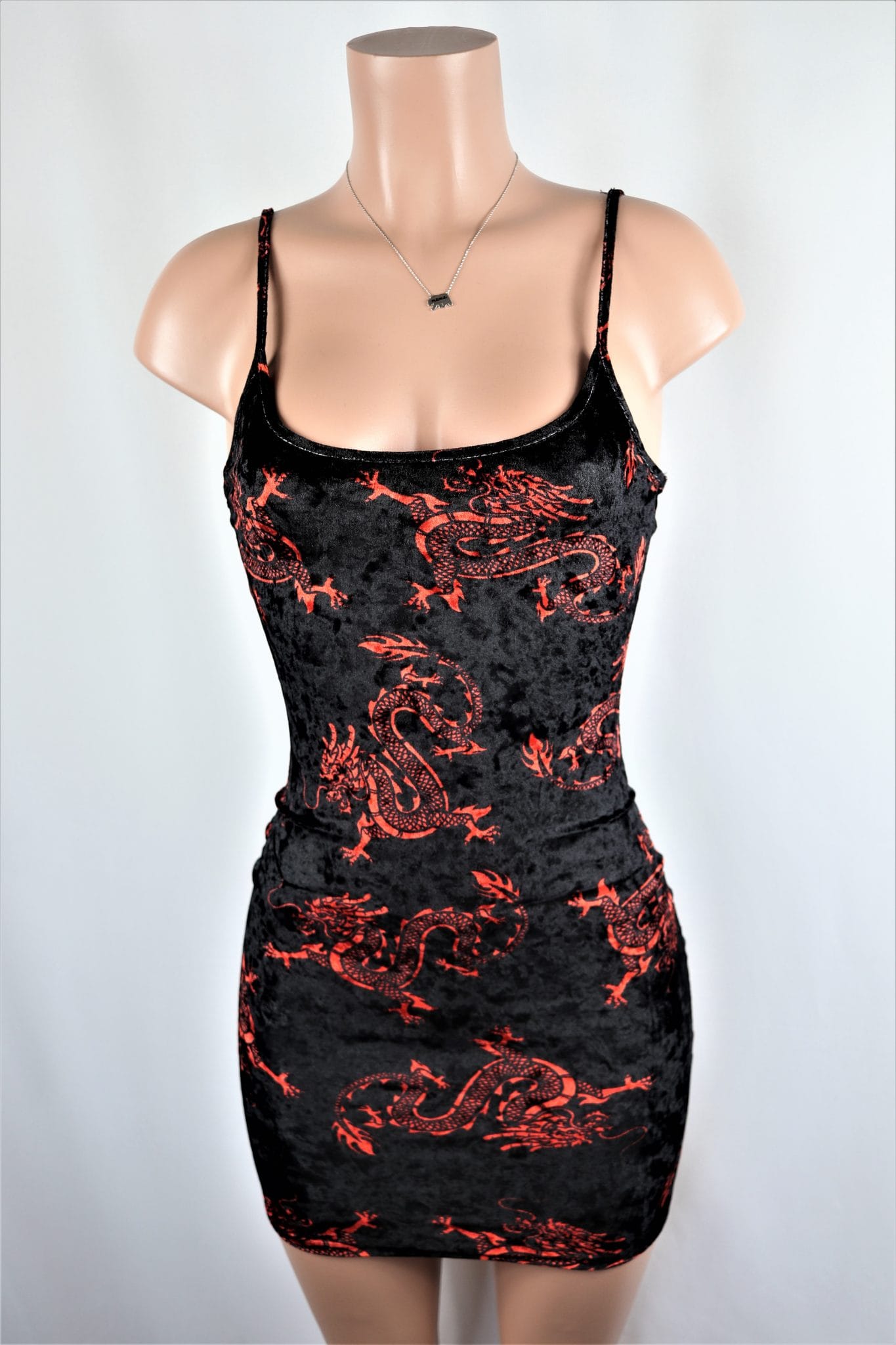 Dragon Mini Dress - Scoop neck red and black dragon print mini dress.
